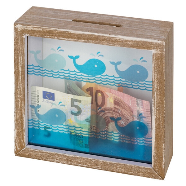 Hucha de madera ballenas, para enseñar a tus hijos a ahorrar